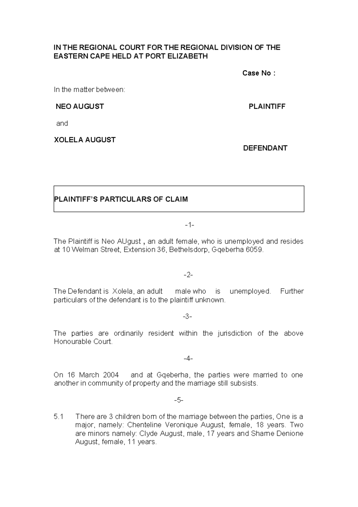 Divorce Particulars of claim template - IN THE REGIONAL COURT FOR THE ...