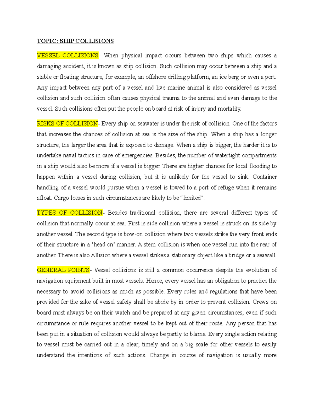 SHIP Collision - Summary - TOPIC: SHIP COLLISIONS VESSEL COLLISIONS ...