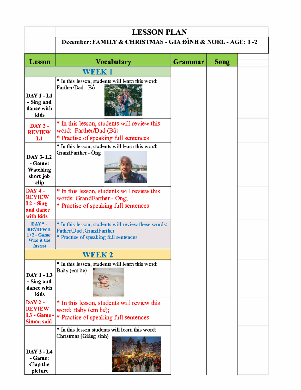 1-2 years full - LESSON PLAN December: FAMILY & CHRISTMAS - GIA DINH ...