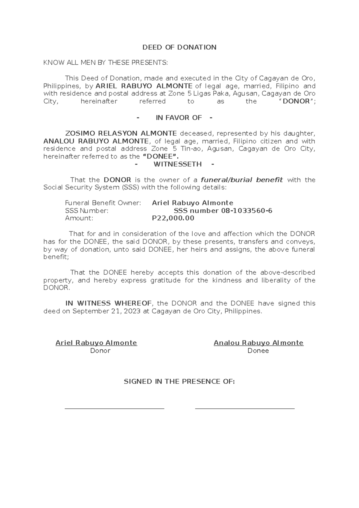 Deed of donation SSS funeral benefits - DEED OF DONATION KNOW ALL MEN ...