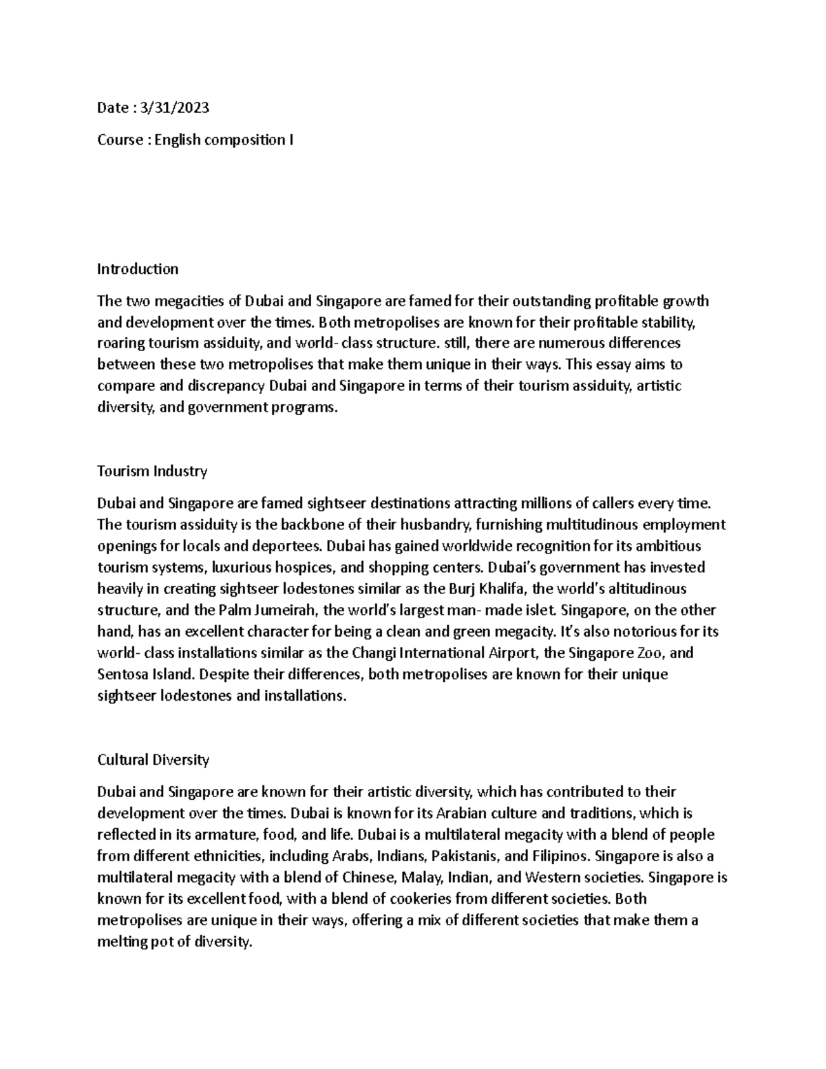 Comparison Contrast Essay - Date : 3/31/ Course : English composition I ...