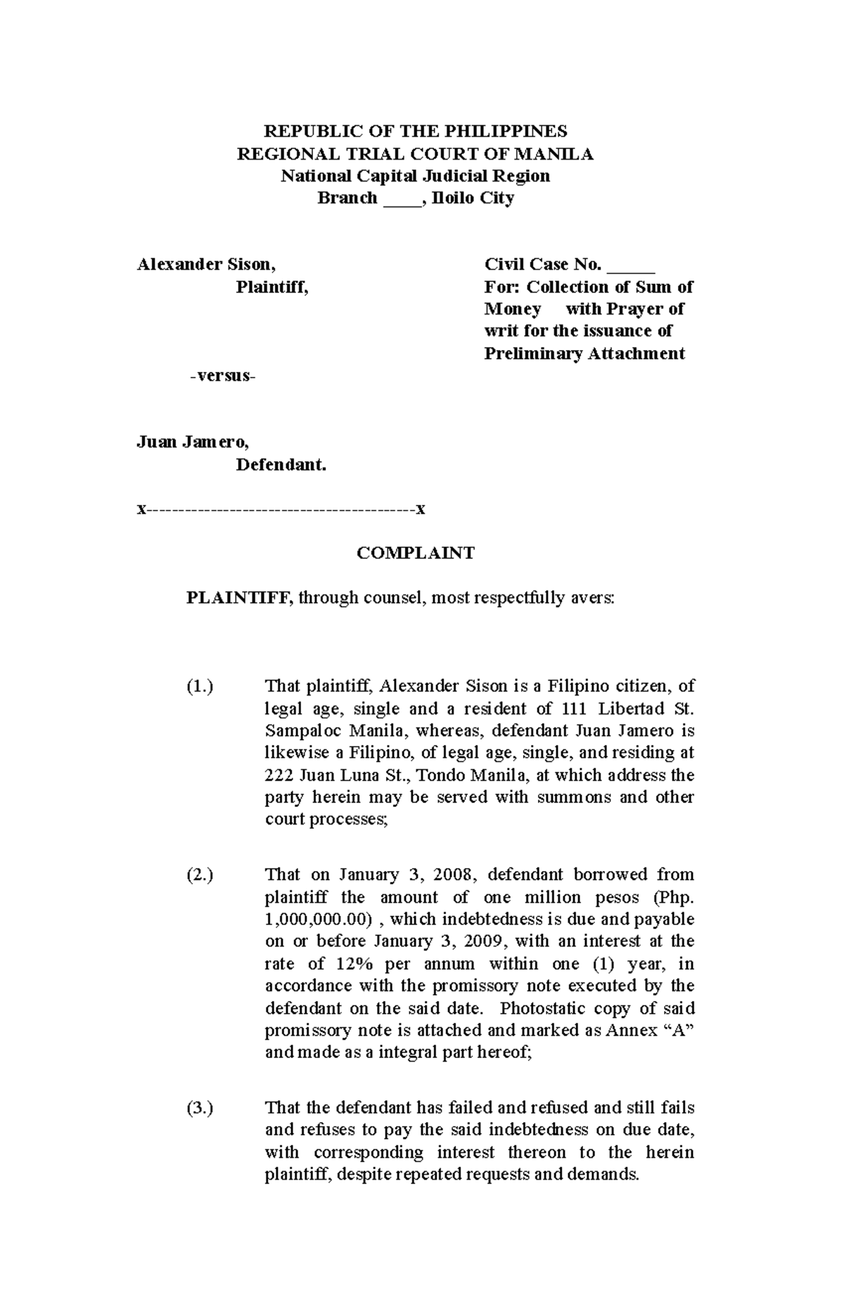 258506712 1a sum of money with writ of preliminary attachment 1 doc ...