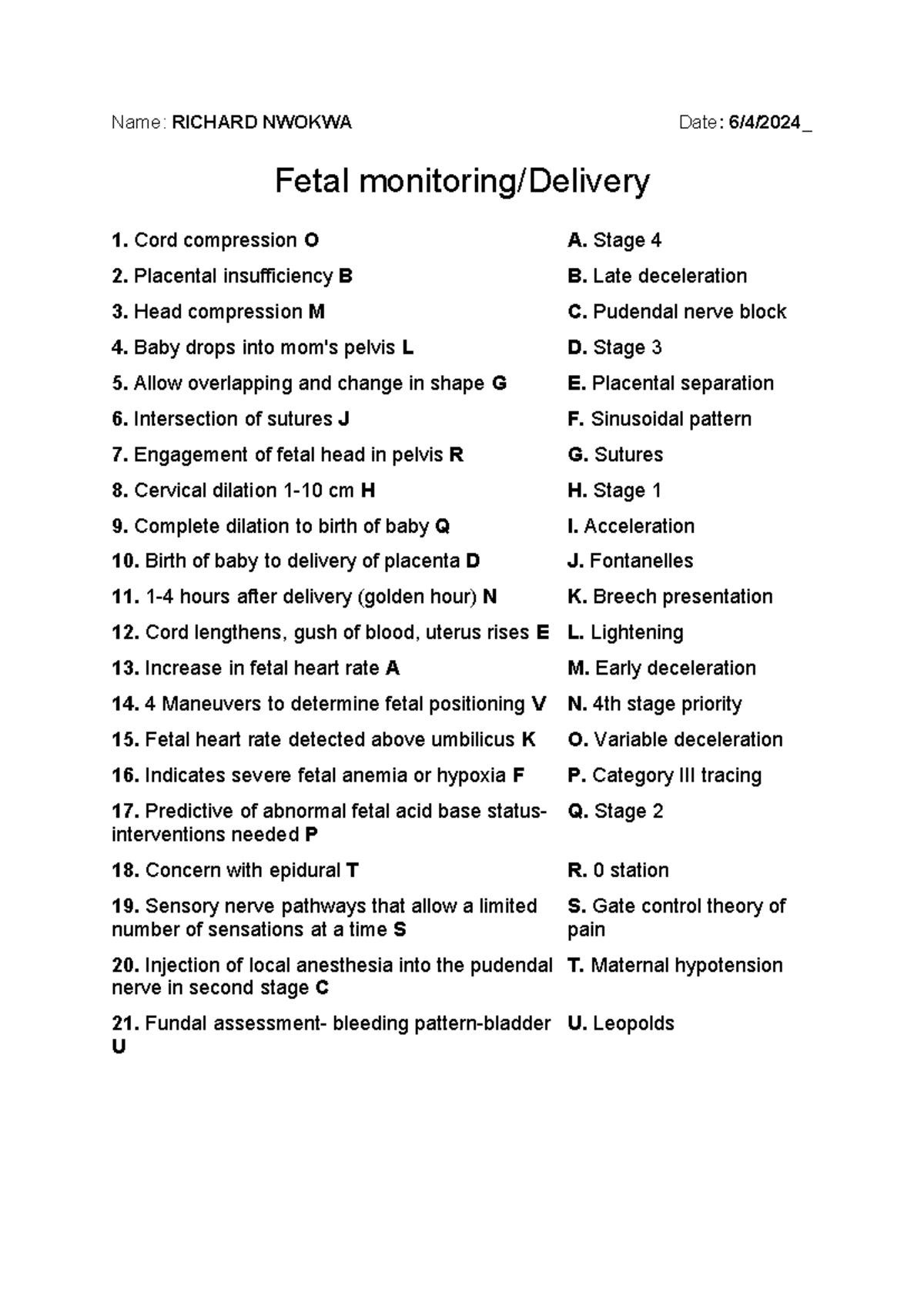 Fetal monitoring Delivery- Completed - Name: RICHARD NWOKWA Date: 6/4 ...