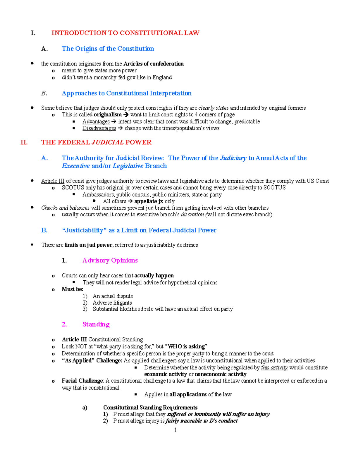 Constitutional Law Outline - I. INTRODUCTION TO CONSTITUTIONAL LAW A ...