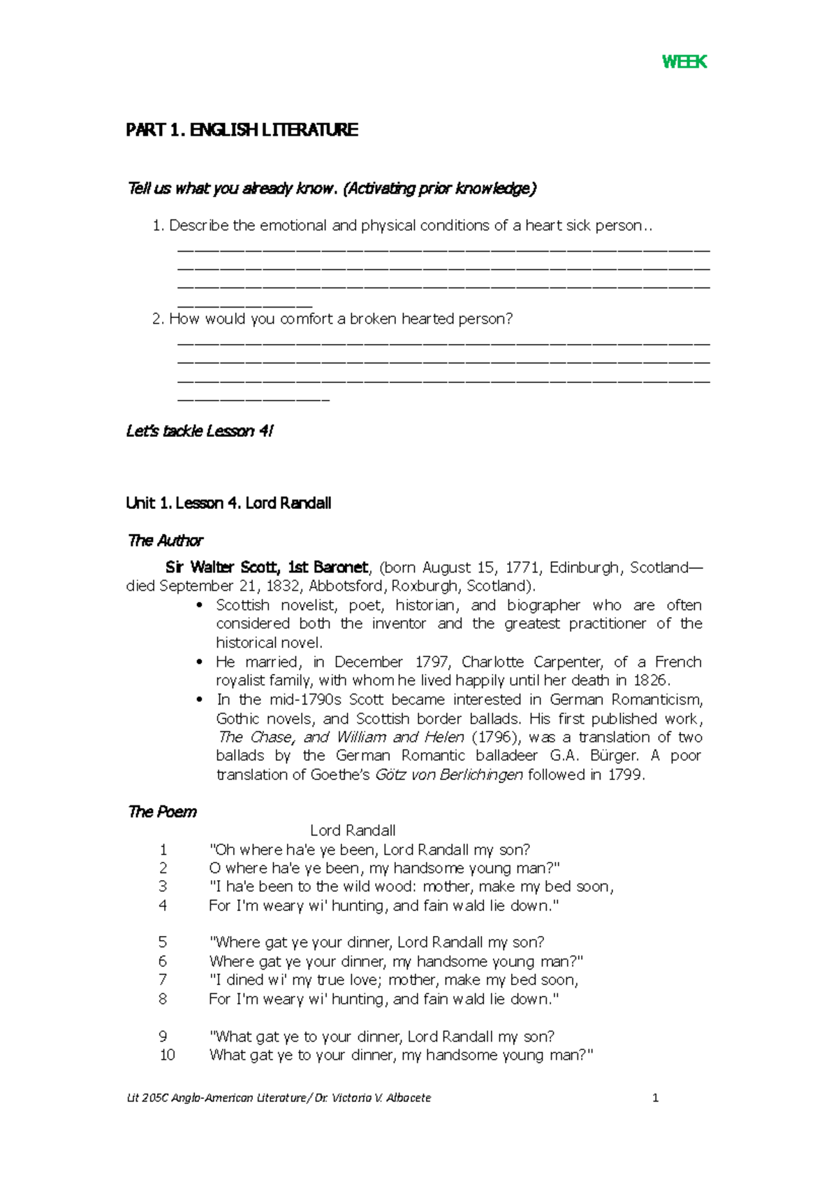 UNIT 1 Lesson 4 LORD Randall - PART 1. ENGLISH LITERATURE Tell us what ...