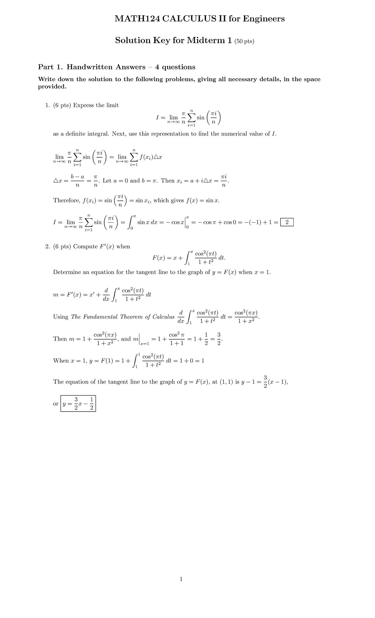 Exam January 2016, questions and answers - MATH124 CALCULUS II for Engineers Solution Key for ...
