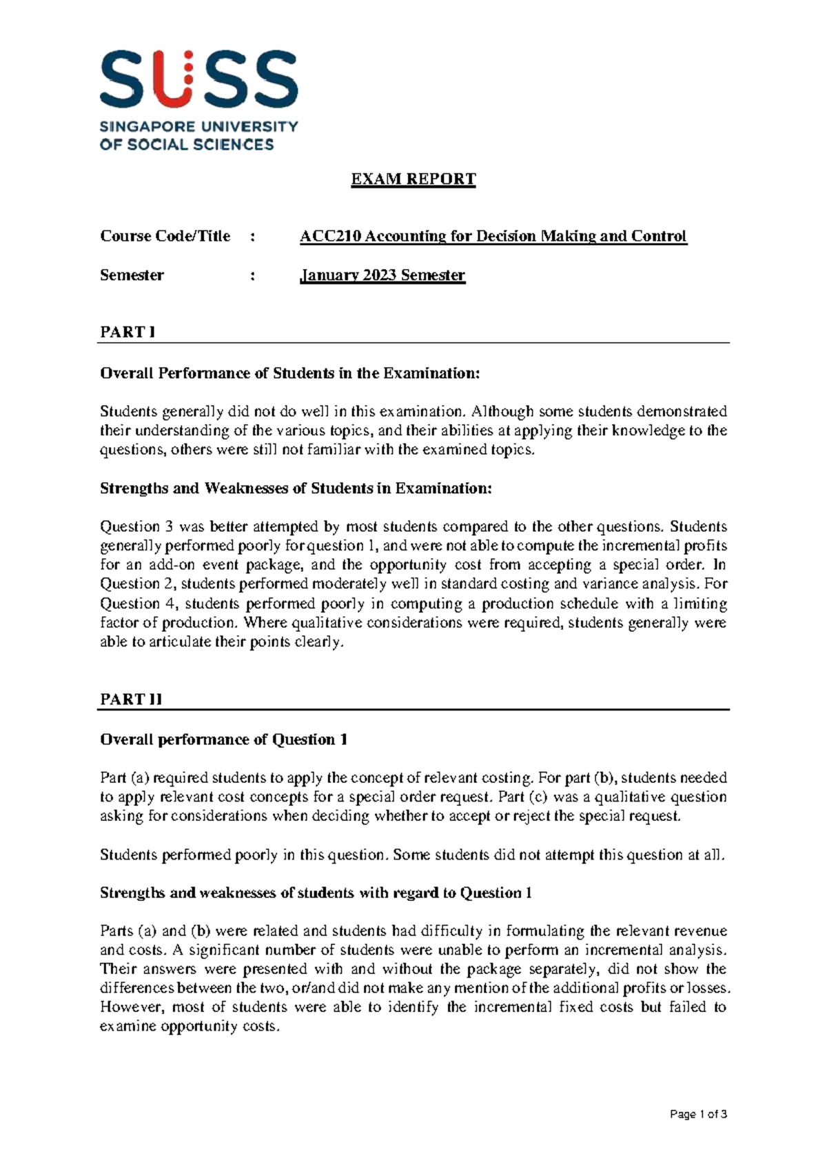 ACC210 Exam Report Jan 2023 - Page 1 of 3 EXAM REPORT Course Code/Title ...