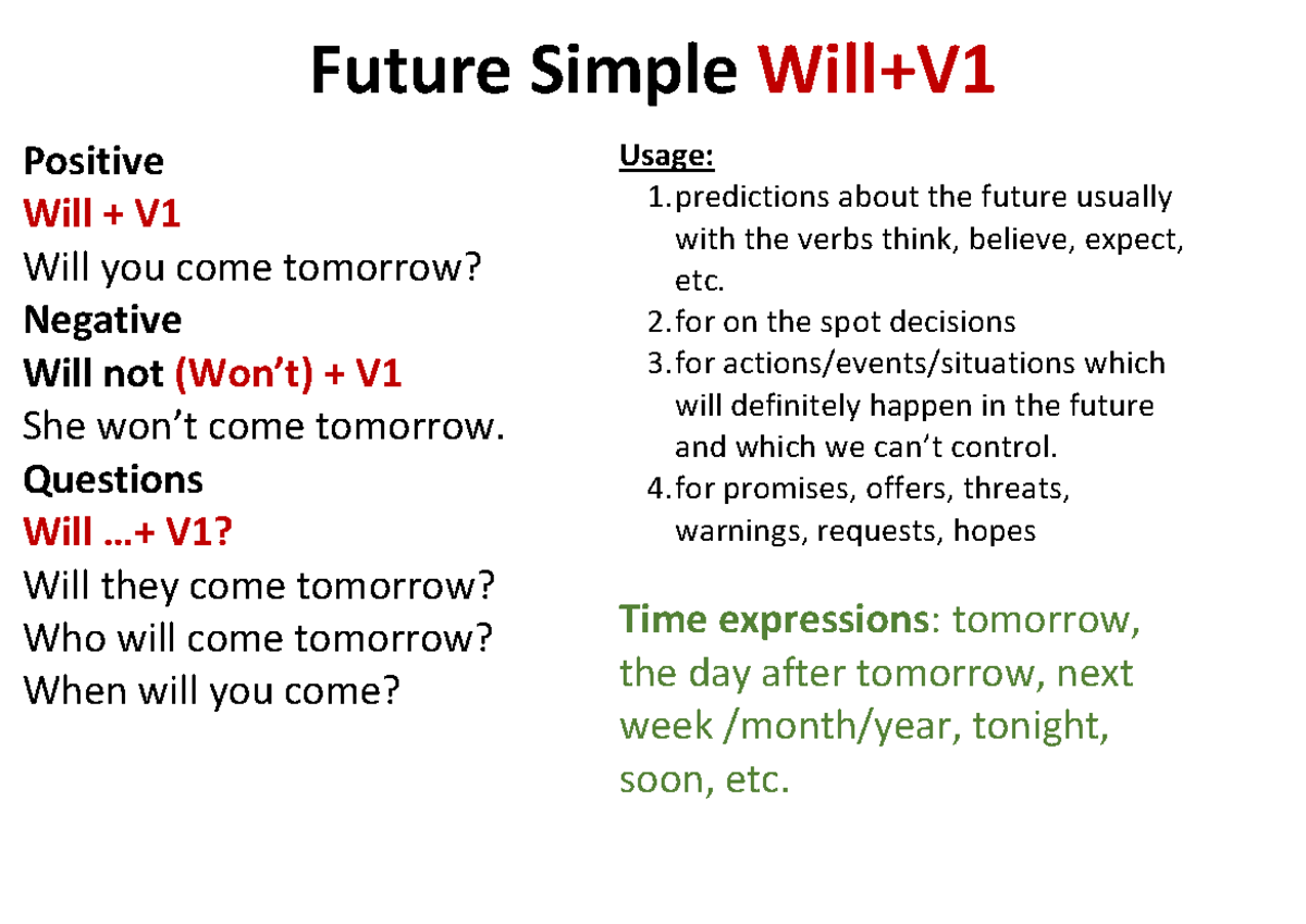 Future forms chart - Summary health course - Future Simple Will+V Positive Will + V Will you ...