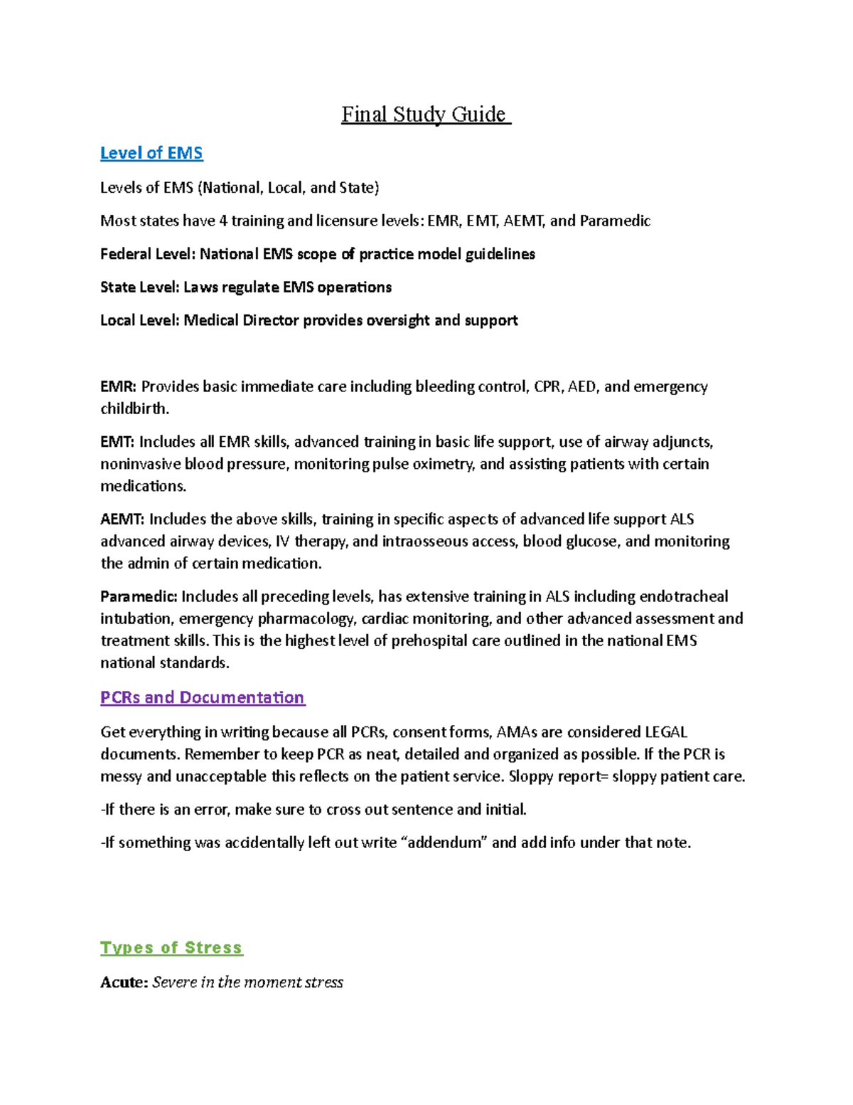 Final Study Guide - Lecture notes 1-40 - Final Study Guide Level of EMS ...
