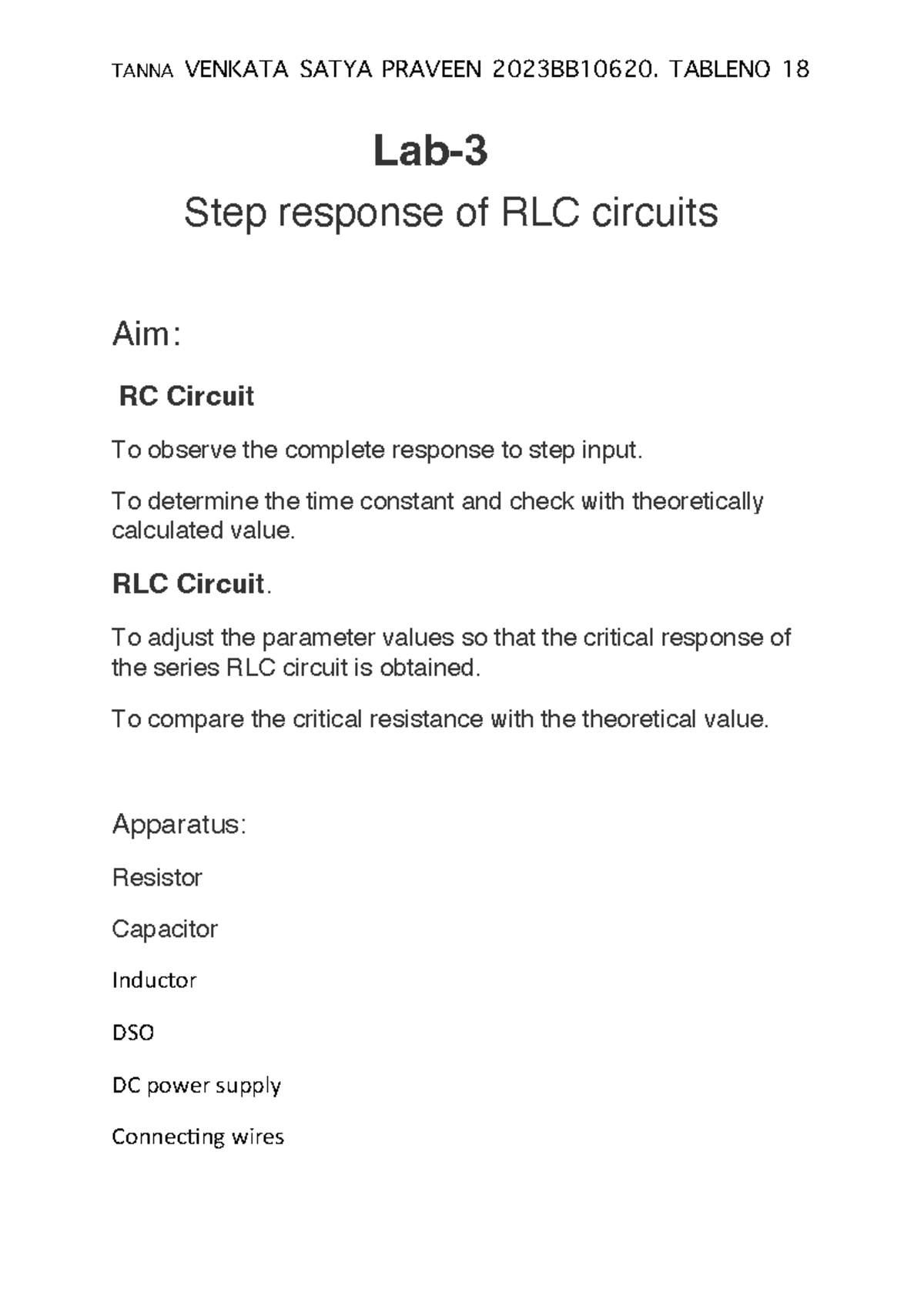 ELP lab3 - lab 3 - Lab- 3 Step response of RLC circuits Aim: RC Circuit To observe the complete ...