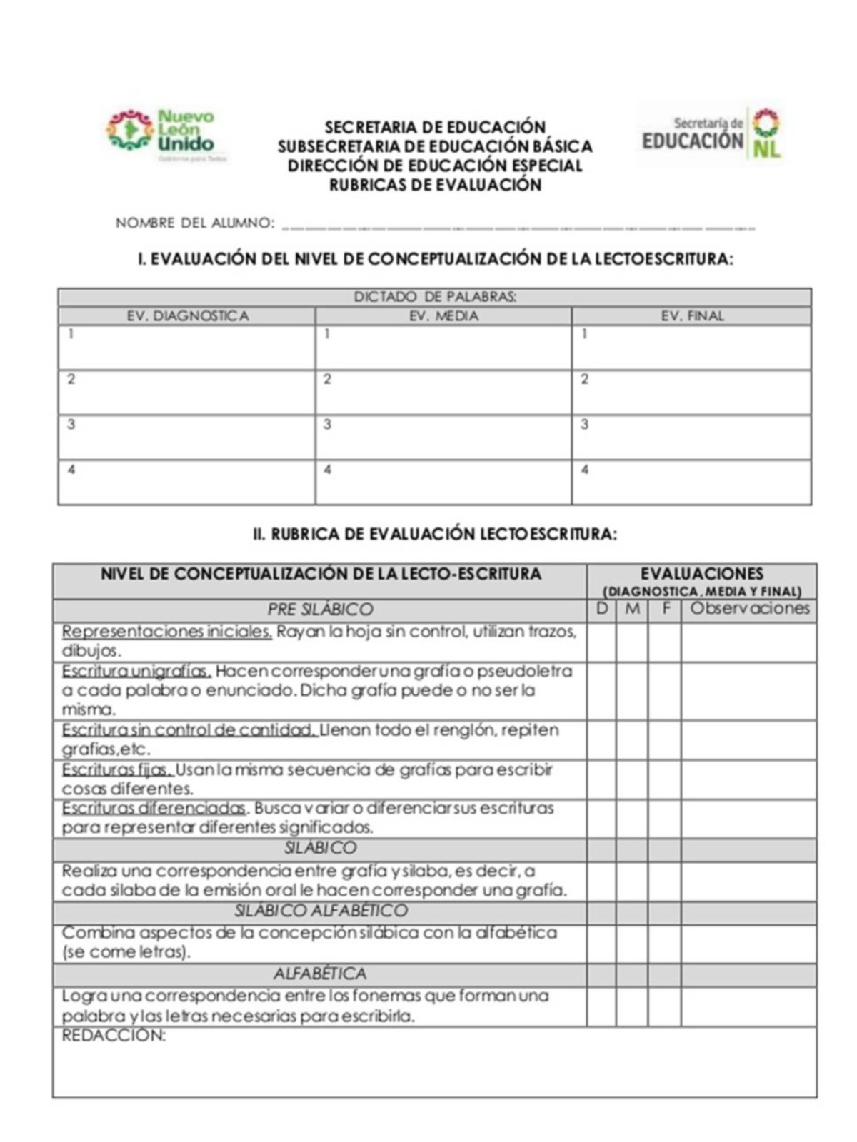 Rubrica DE Evaluacion DE LA Lecto Escritura - Educación - Studocu