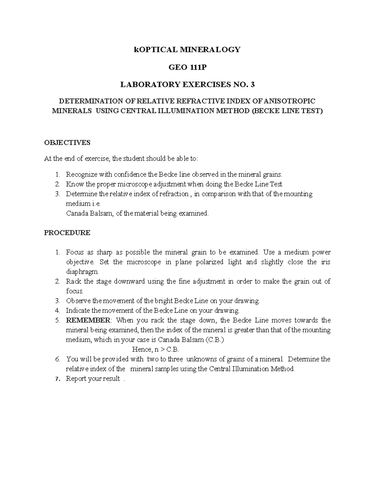 Laboratory Exercise 3 - Activity - kOPTICAL MINERALOGY GEO 111P ...