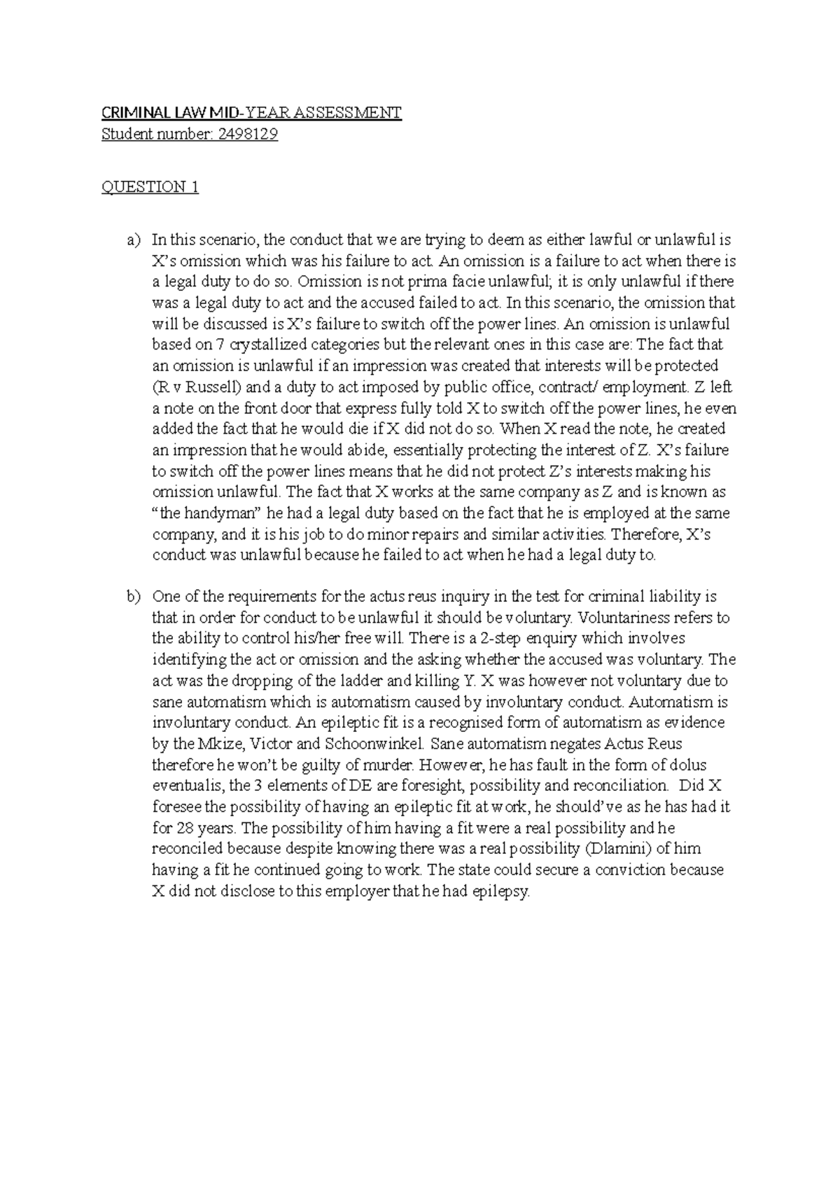 CRIM Q1 EXAM - model answer - CRIMINAL LAW MID-YEAR ASSESSMENT Student ...