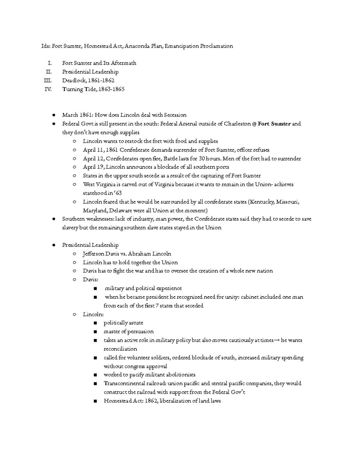 The Civil War - Ids: Fort Sumter, Homestead Act, Anaconda Plan ...