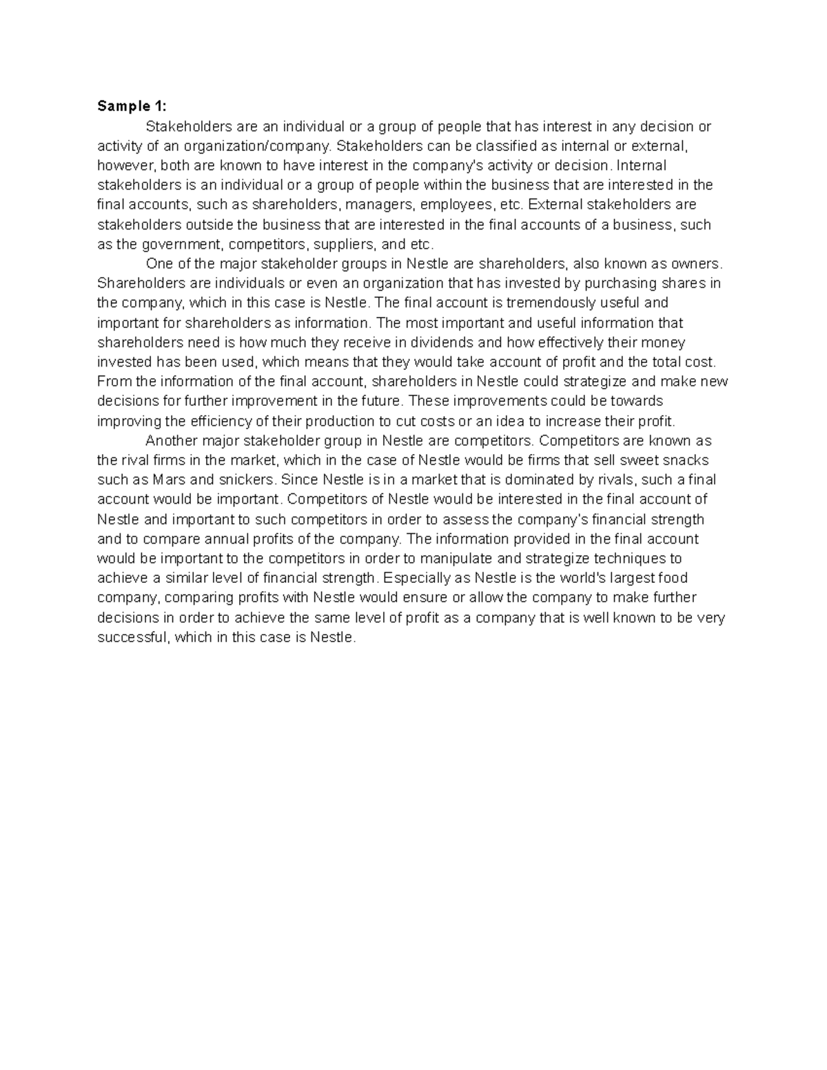 Business Essay Samples - Sample 1: Stakeholders are an individual or a ...