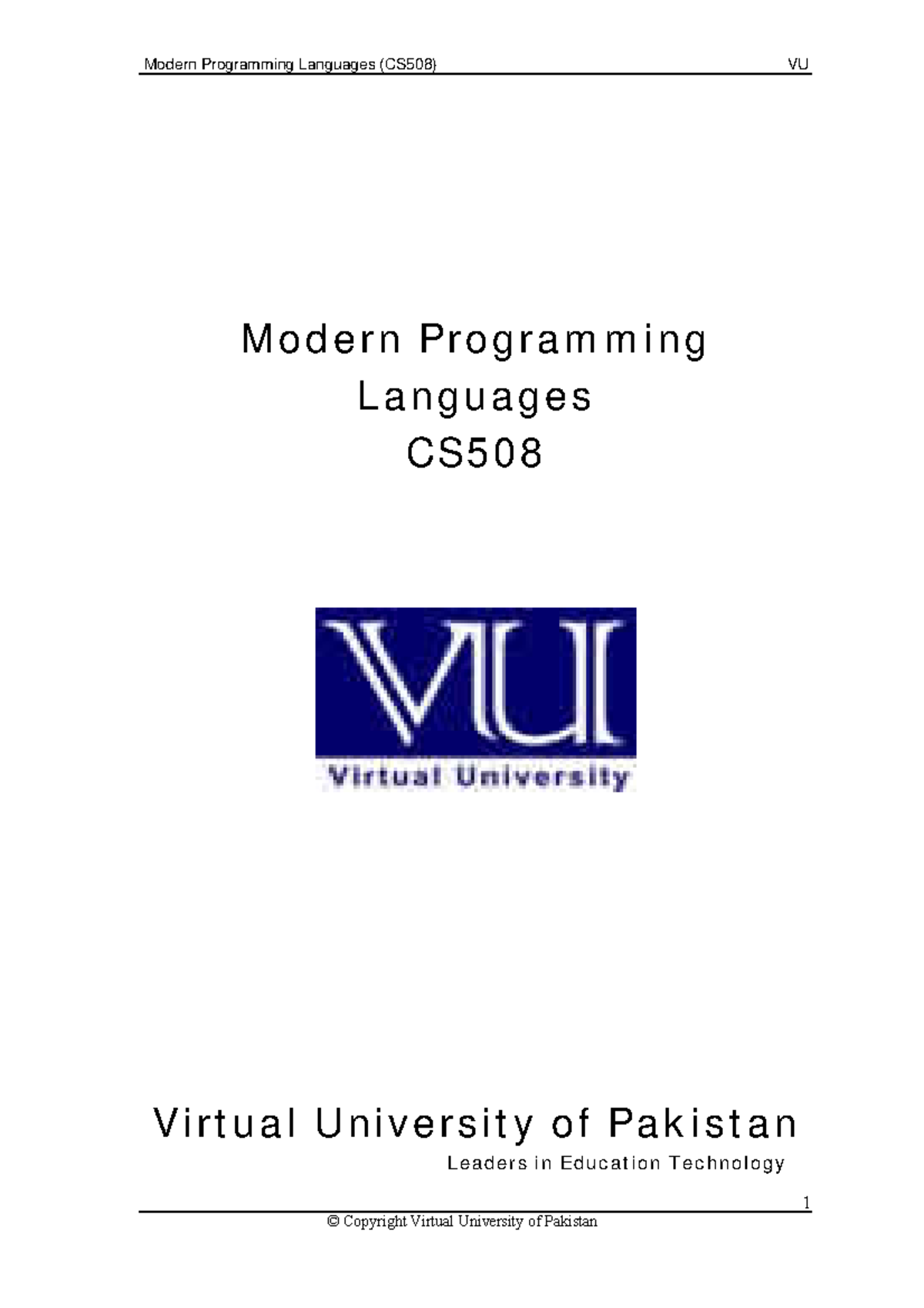 Cs508 Highlighted Handout Modern Programming Languages Cs508 Vu 1 M Ode Rn Progra M M Ing La