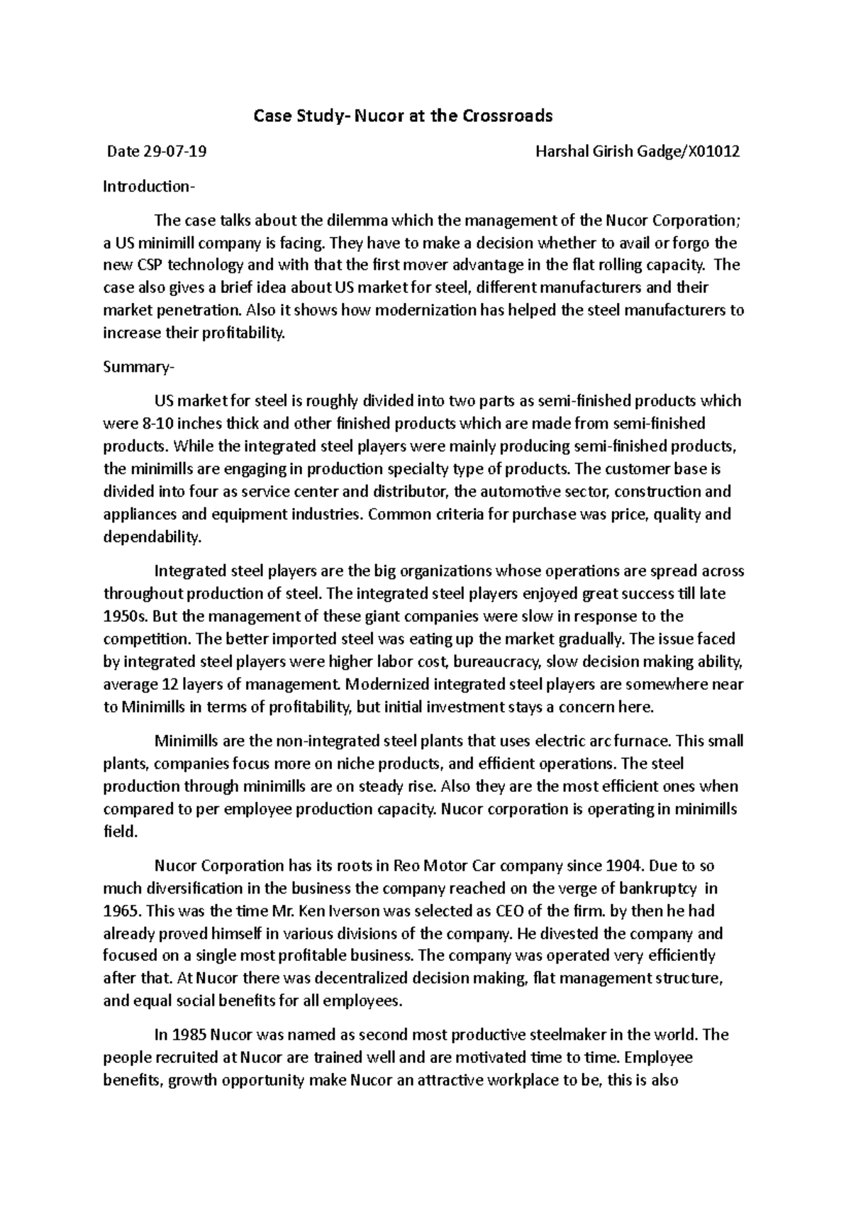 424027882 Case Study Nucor - Case Study- Nucor at the Crossroads Date ...