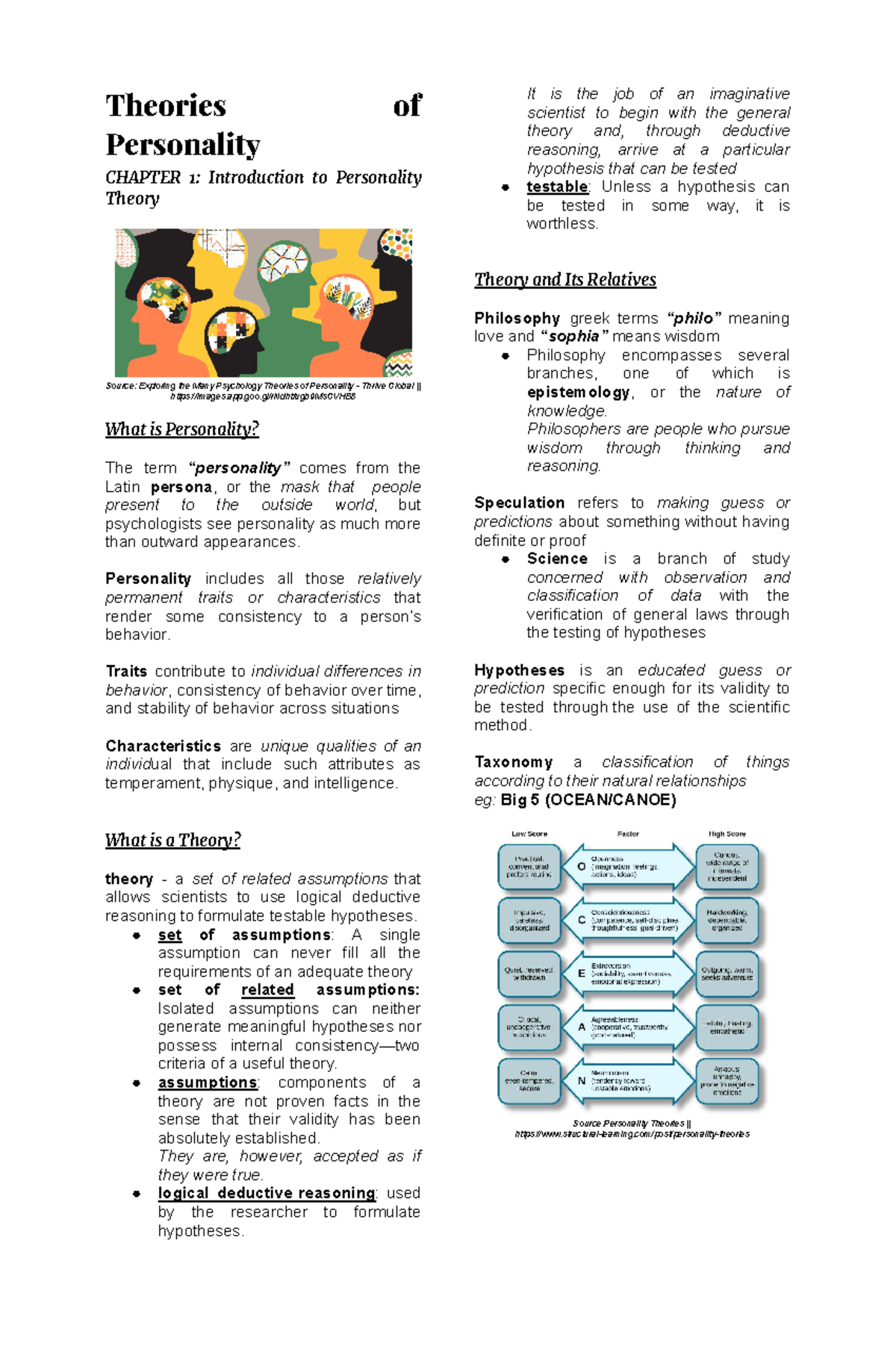 TOP Notes (project) - Theories of Personality CHAPTER 1: Introduction ...