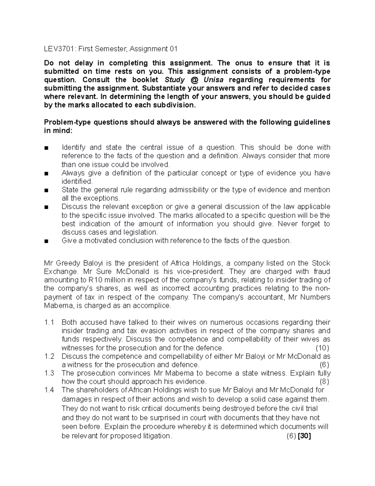 First Semester Assignment 01LEV3701 - LEV3701: First Semester, Assignment 01 Do not delay in ...