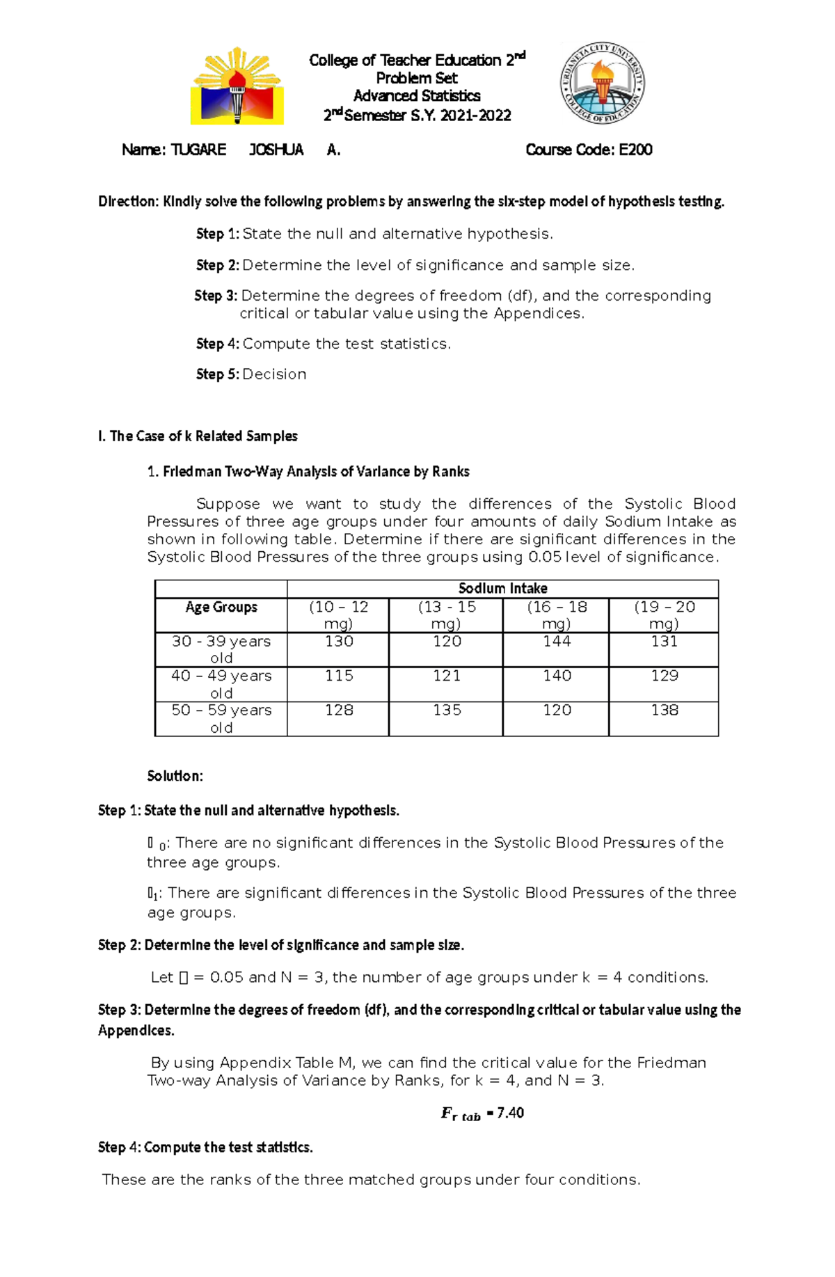 Advanced Stat 2nd Problem Set 2nd sem 20 21 converted - Direction: Kindly solve the following ...