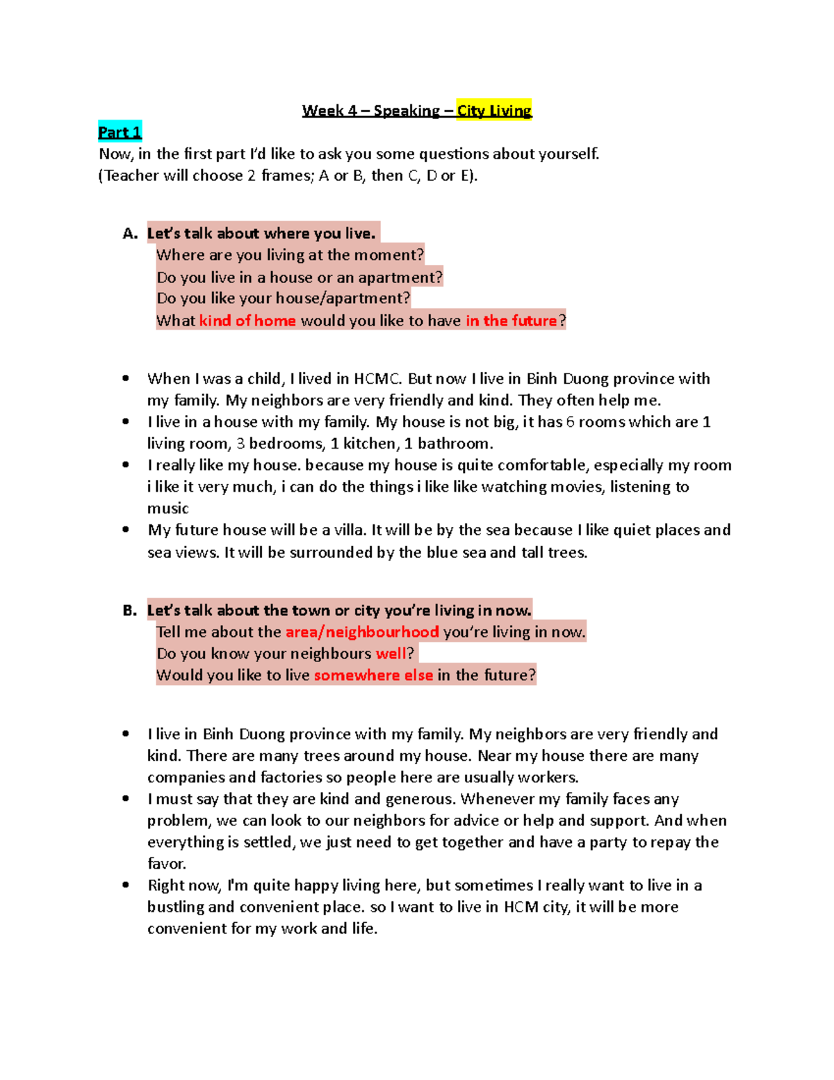 Speaking-City-Living - Week 4 – Speaking – City Living Part 1 Now, in the first part I’d like to ...