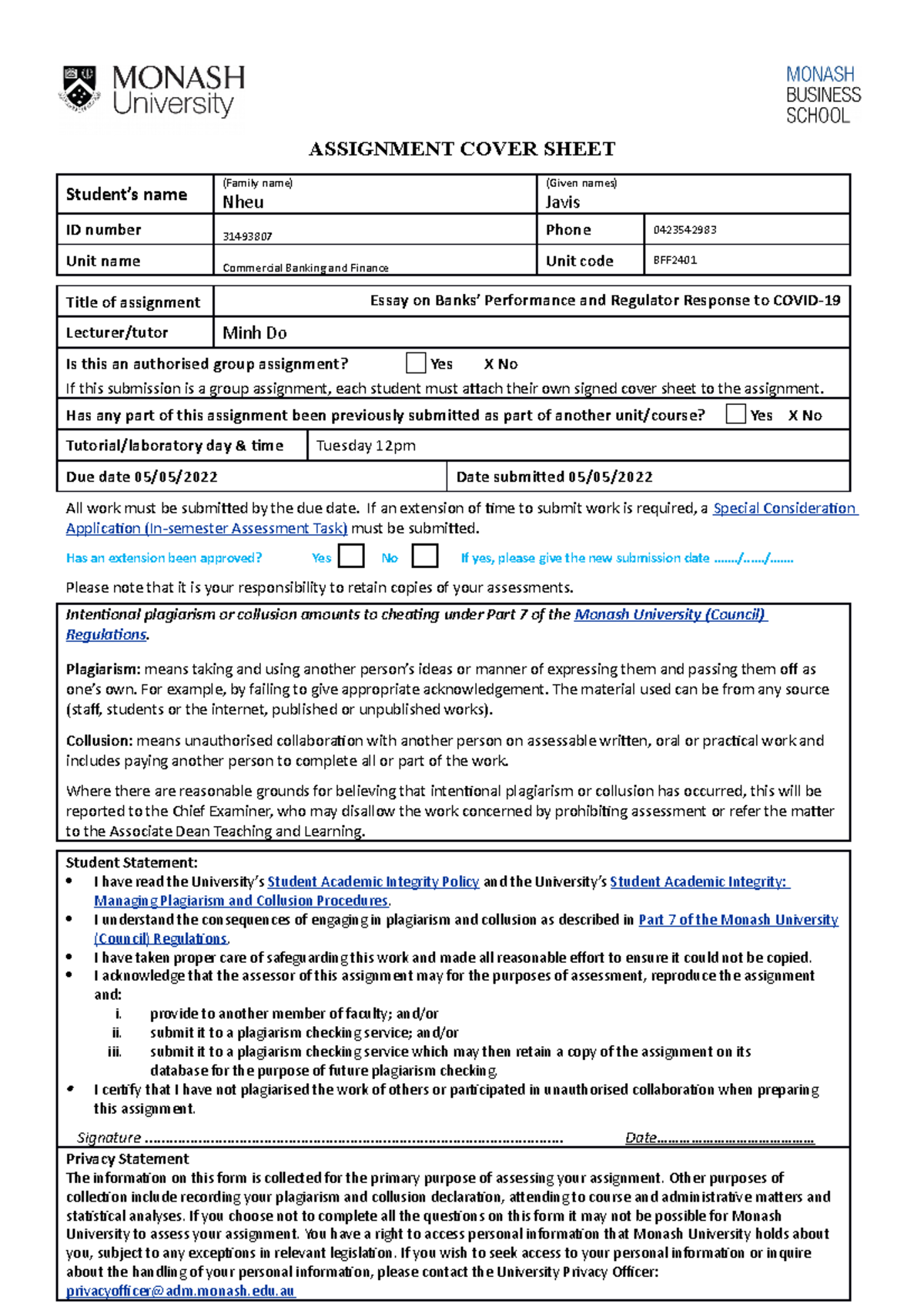Bff2401 assignment cover sheet semester 1 - ASSIGNMENT COVER SHEET ...