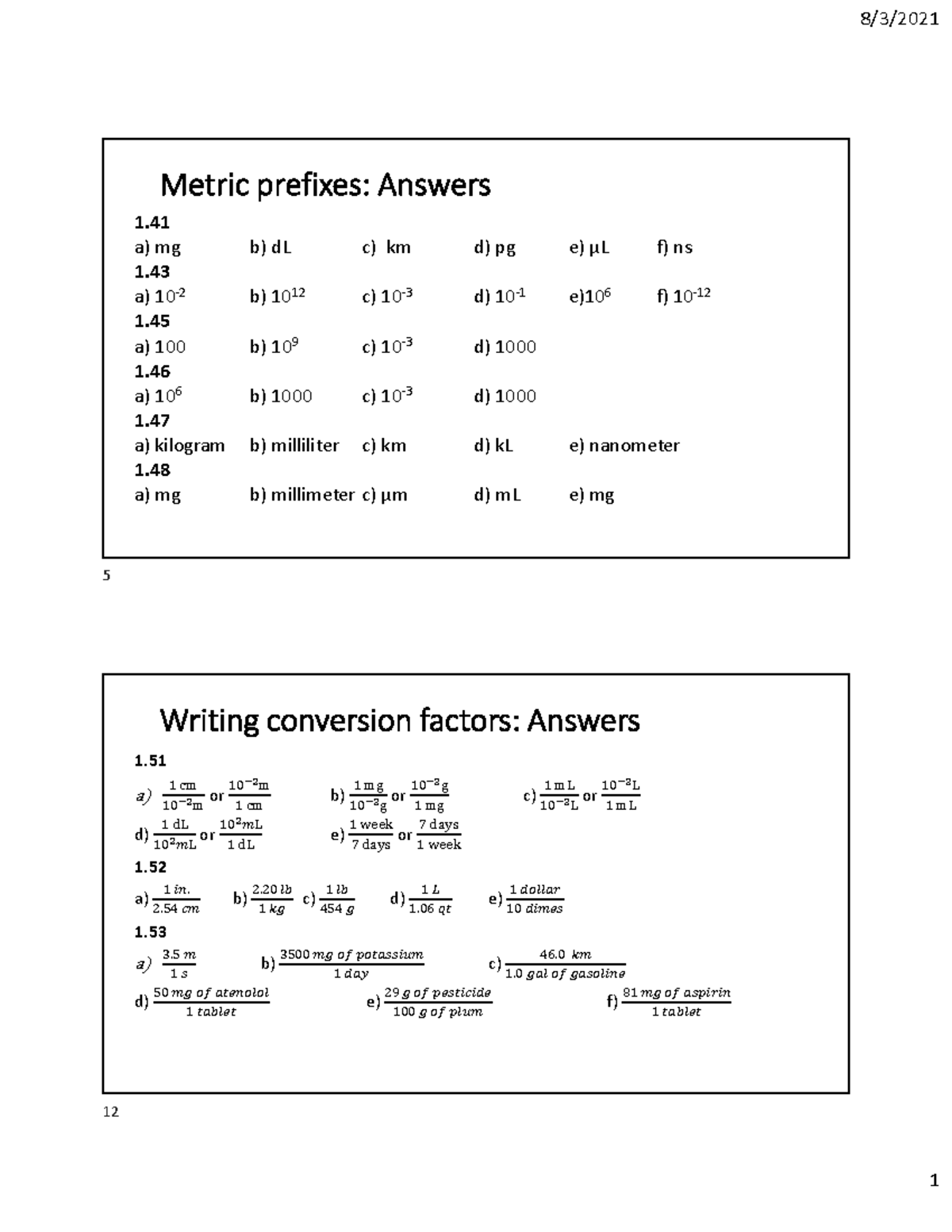 Worksheet 2 answers - 8/3/ 1 Metric prefixes: Answers 1. a) mg b) dL c ...