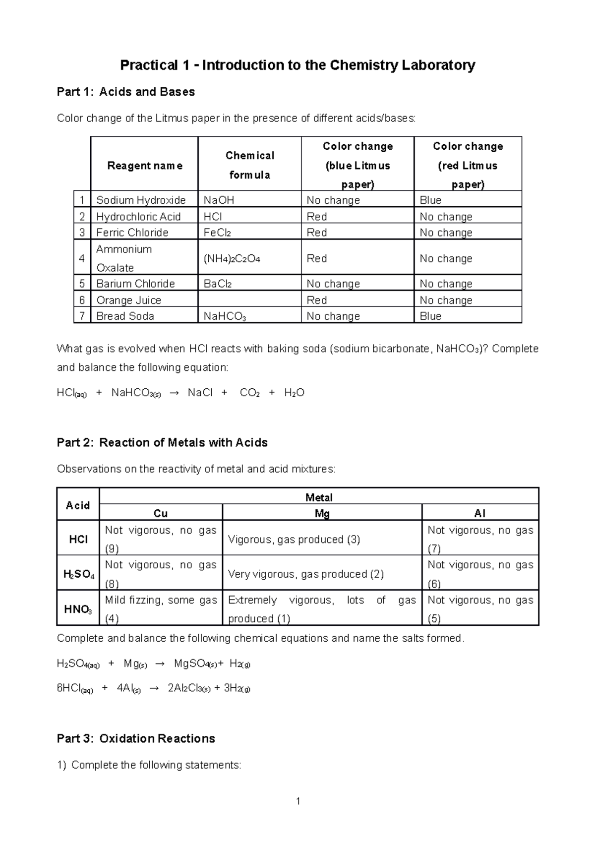 Practical 1 Introduction to the Chemistry Laboratory - Practical 1 ...