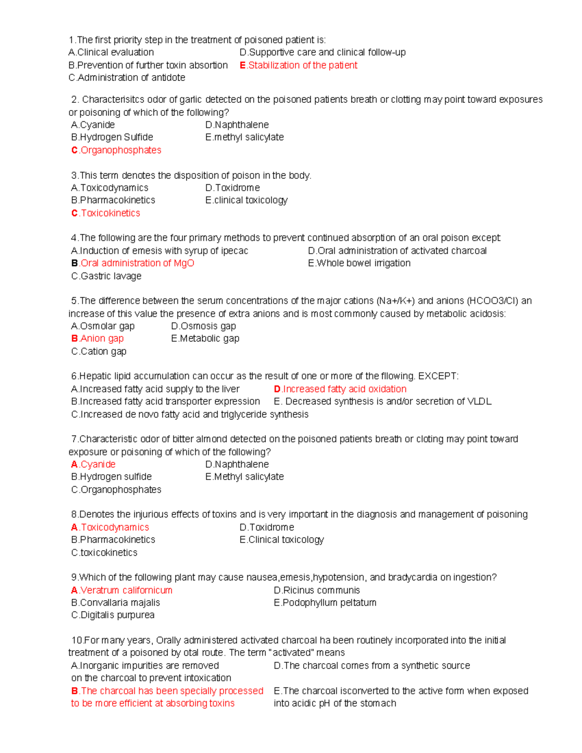 Toxicology - Answer Key - 1 first priority step in the treatment of ...