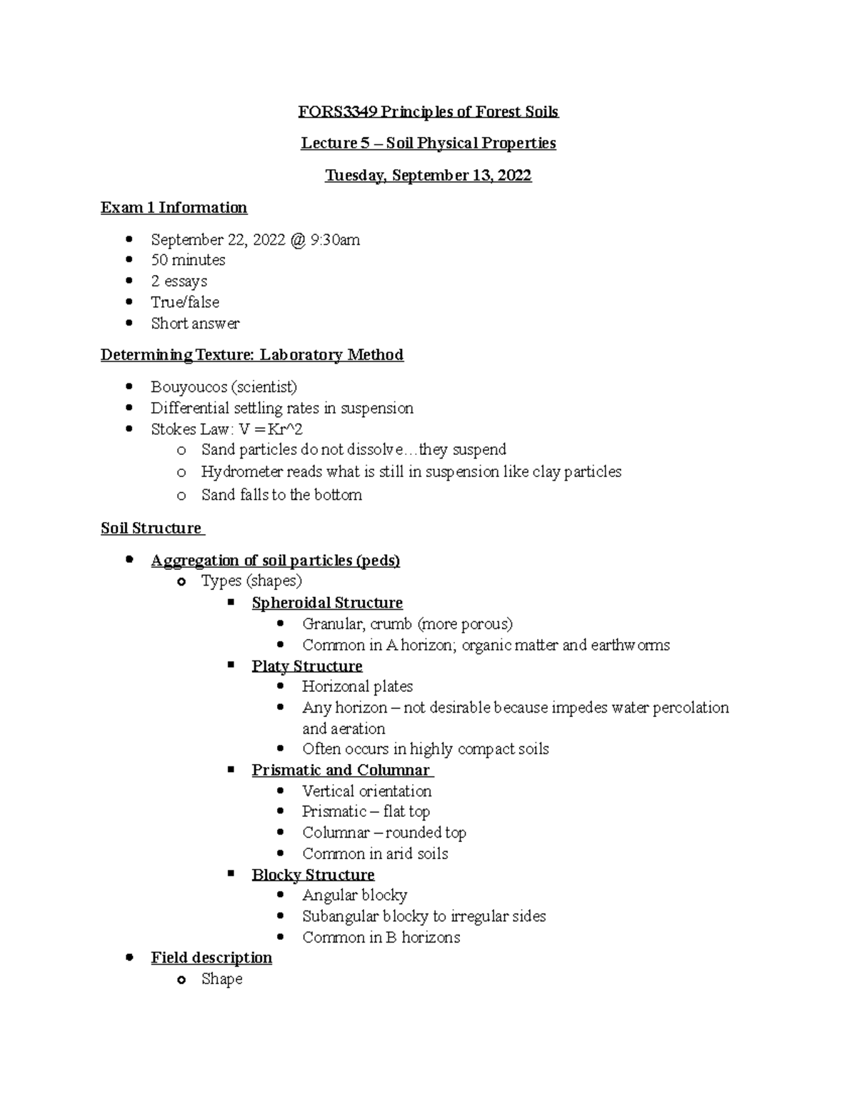 FORS3349 Lecture 5 Soil Physical Properties - FORS3349 Principles of Forest Soils Lecture 5 ...