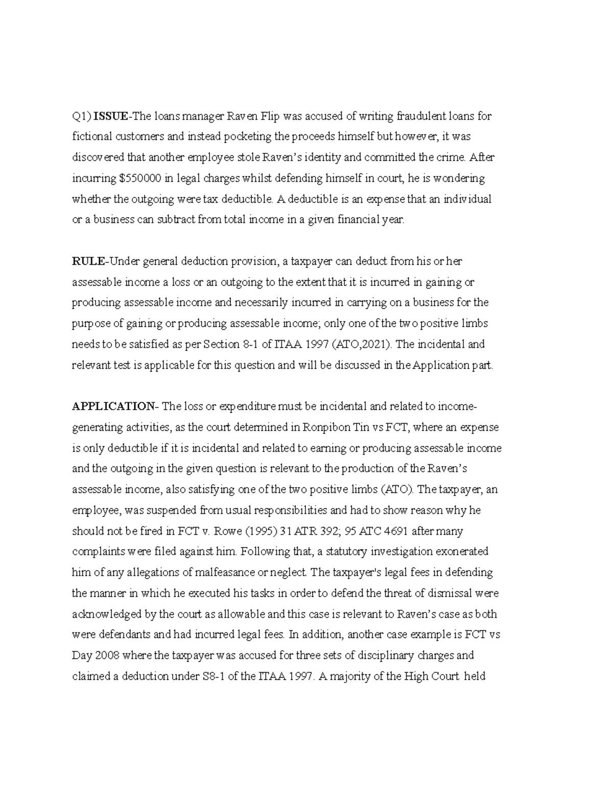 ACCG3020 Week 6 and ACCG3020 - Q1) ISSUE -The loans manager Raven Flip ...