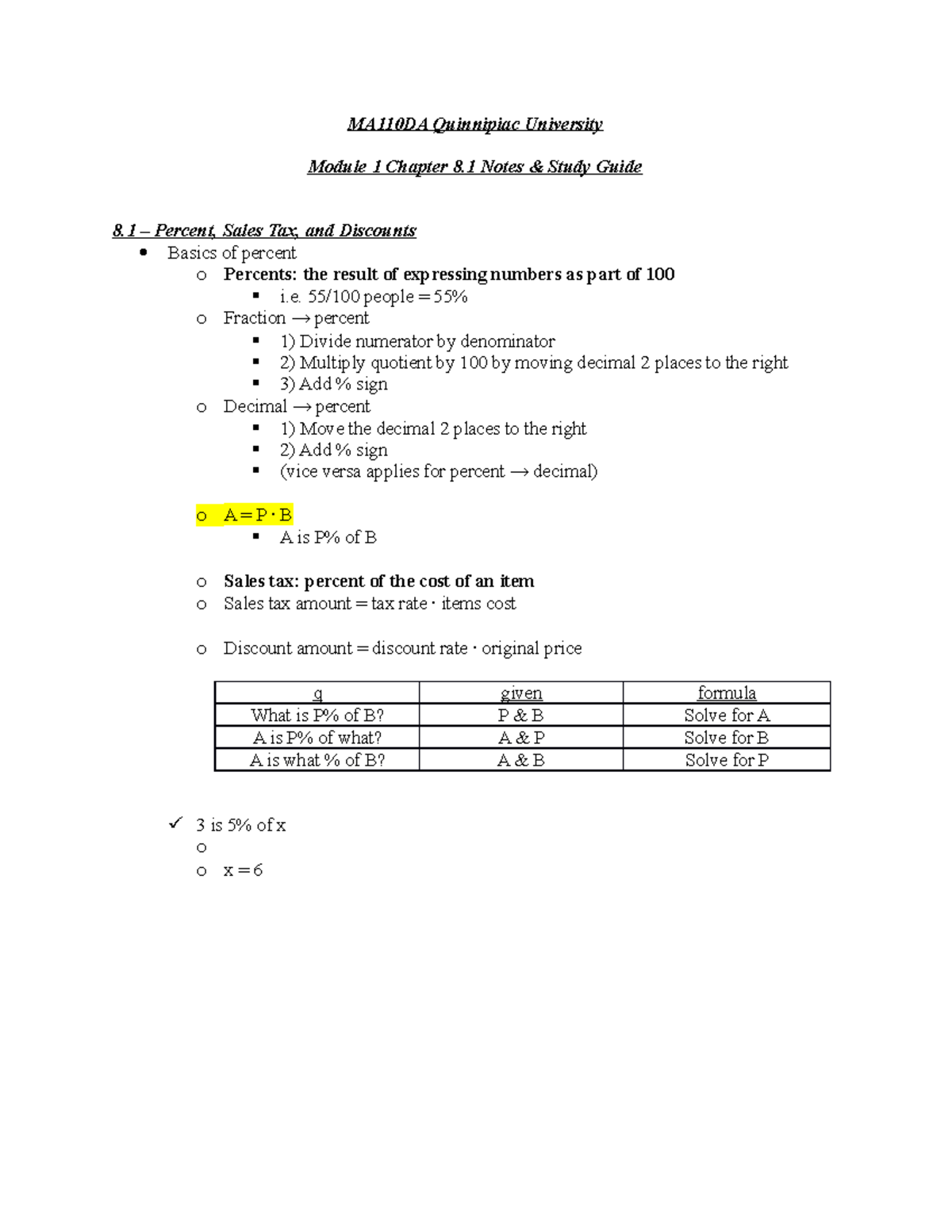 Ma110 da 8.1 study guide and notes - MA110DA Quinnipiac University ...