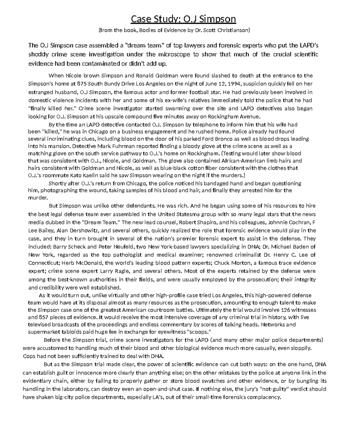 Case Study O.J Simpson - Case Study: O Simpson (from the book, Bodies ...
