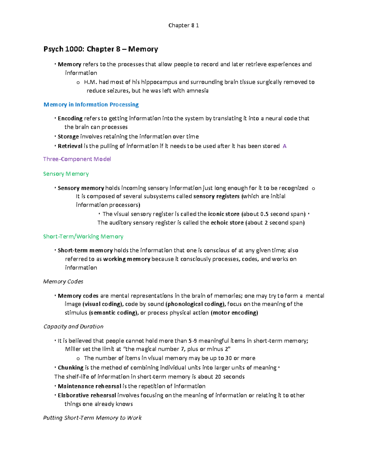 Chapter 8 - lecture notes - Chapter 8 1 Psych 1000: Chapter 8 – Memory ...