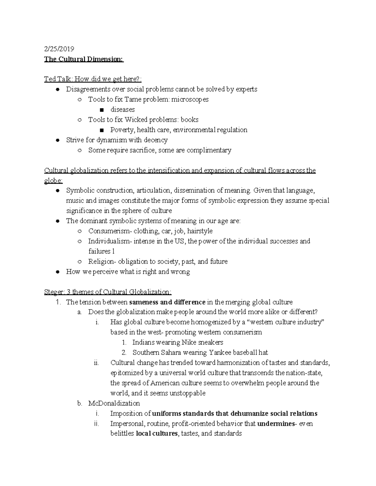 GLST101 Lecture Notes Part 2 - 2/25/2019 The Cultural Dimension: Ted ...