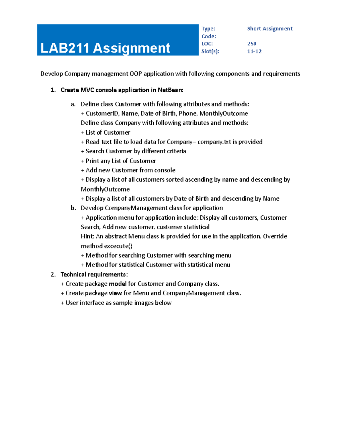 Lab211 Manage Customer Lab211 Assignment Type Short Assignment Code