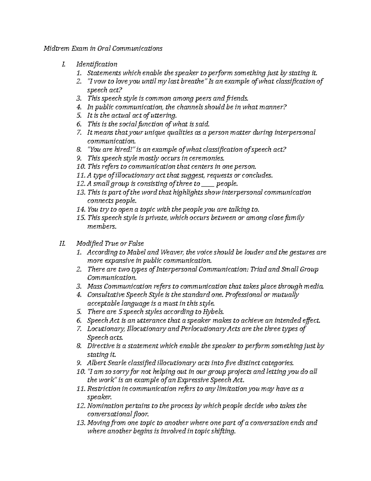 Midtrem Exam in Oral Communications - Identification 1. Statements ...