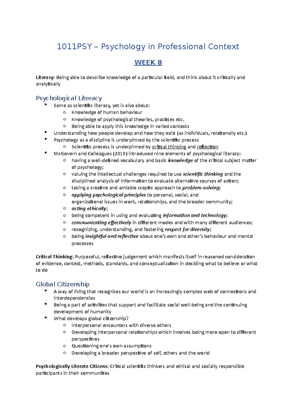 1011PSY (WK 8) - Module & Lecture Notes - 1011PSY – Psychology in ...