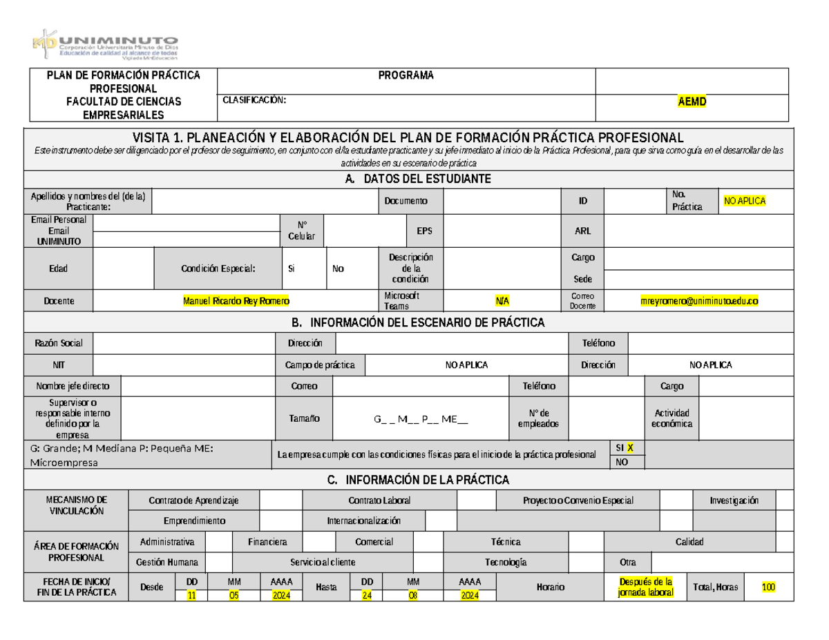 plan de formación profesional practica UNIMINUTO 2024 cuatrimestral ...