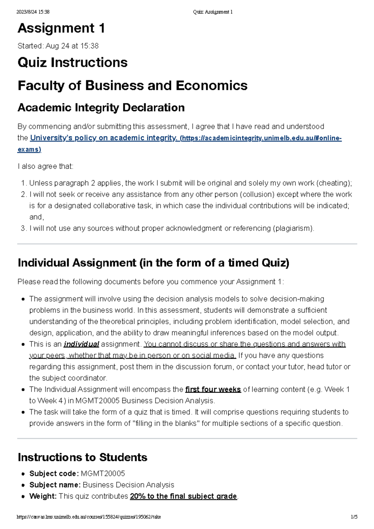 Quiz Assignment 1 - quiz - Assignment 1 Started: Aug 24 at 15: Quiz ...