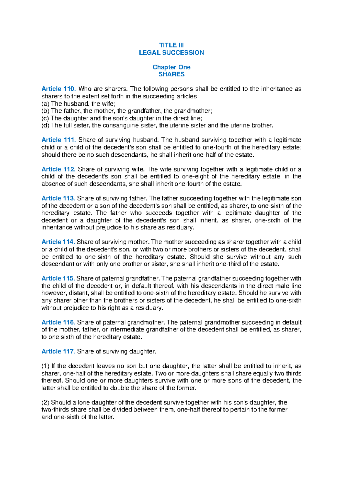 Legal Succession Articles 110-123 - TITLE III LEGAL SUCCESSION Chapter ...