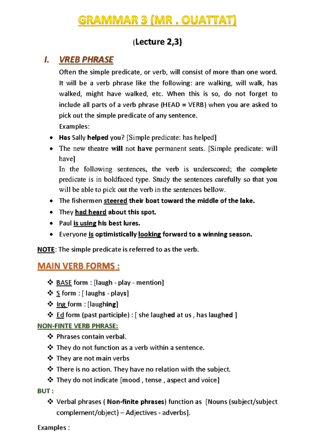 Grammar 3 - Lec. 2 & 3 - Verb phrase - (Lecture 2,3) I. VREB PHRASE ...