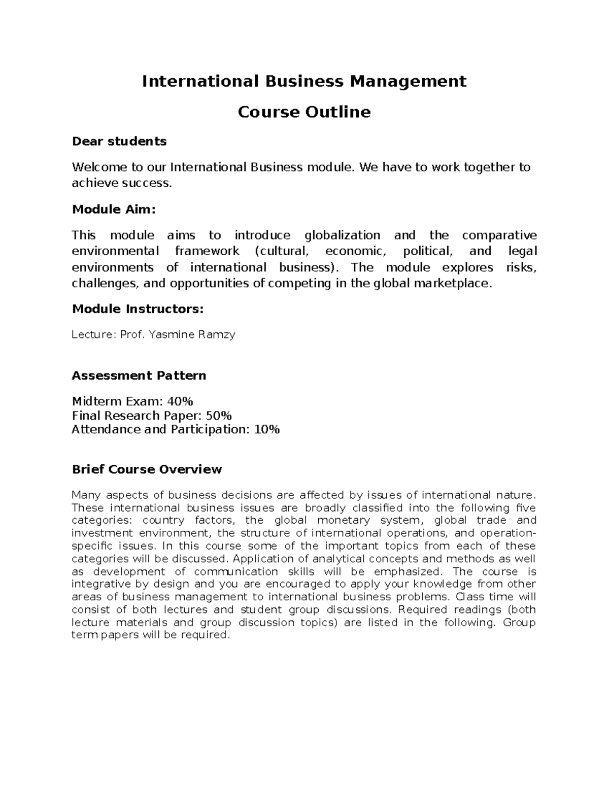 International Business Mgt Outline - International Business Management ...