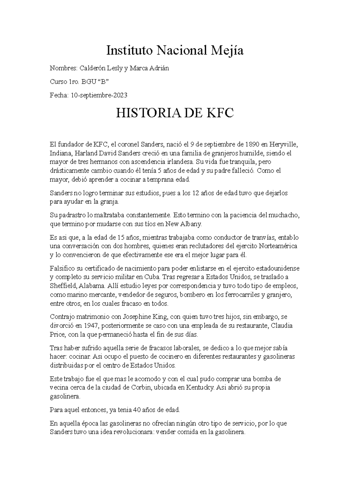 KFC-historia - infromacion - Instituto Nacional Mejía Nombres: Calderón ...