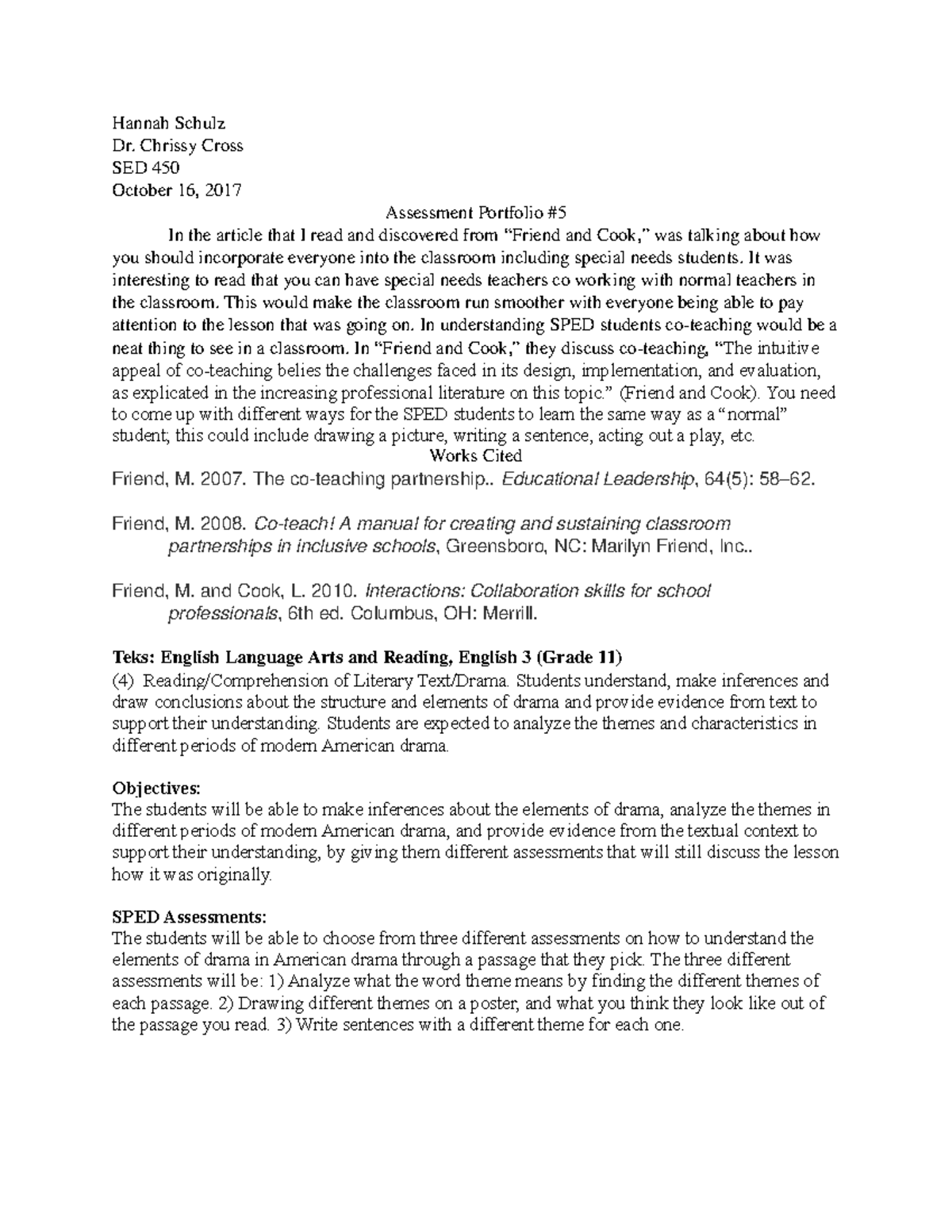 SPED Assessment - Hannah Schulz Dr. Chrissy Cross SED 450 October 16 ...
