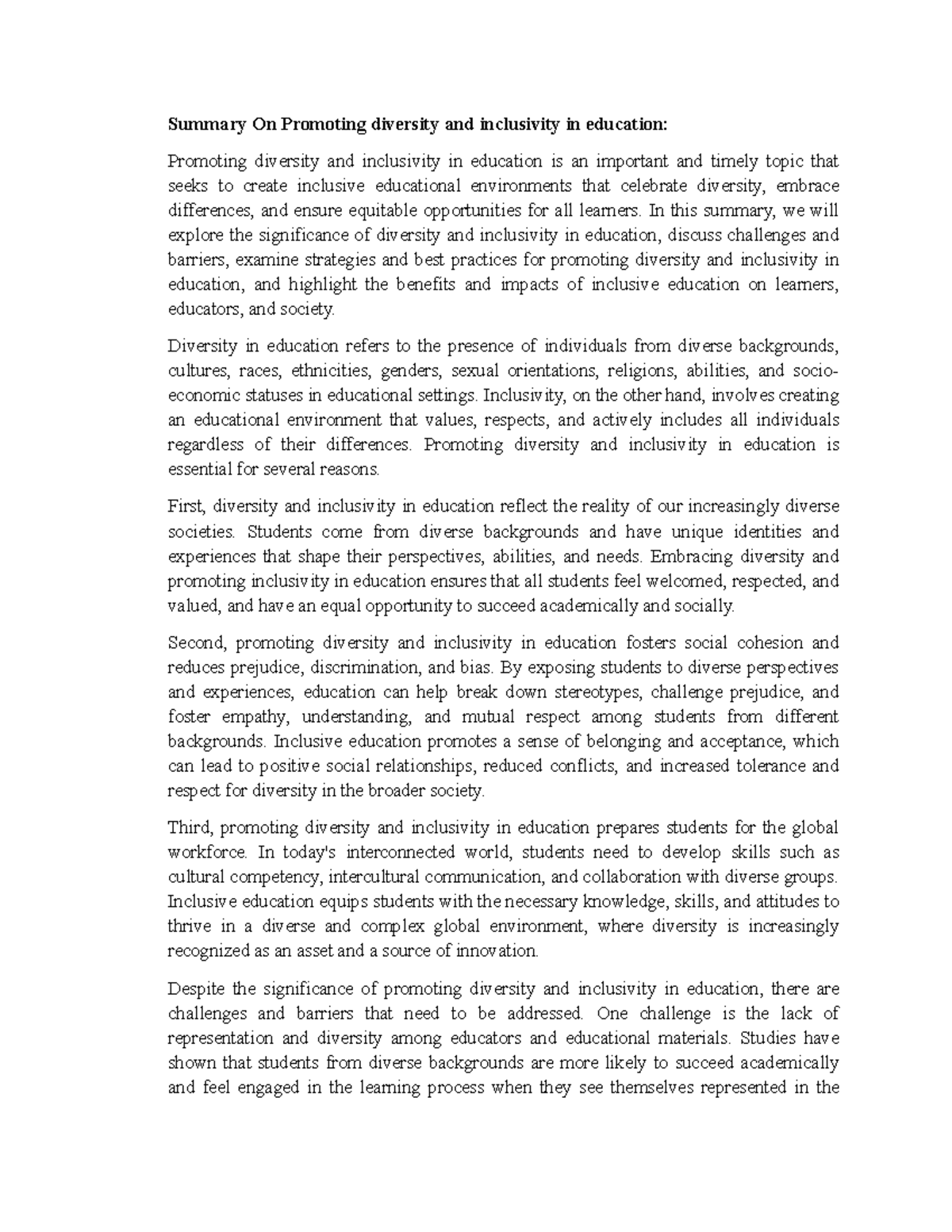 Summary On Promoting diversity and inclusivity in education - In this ...