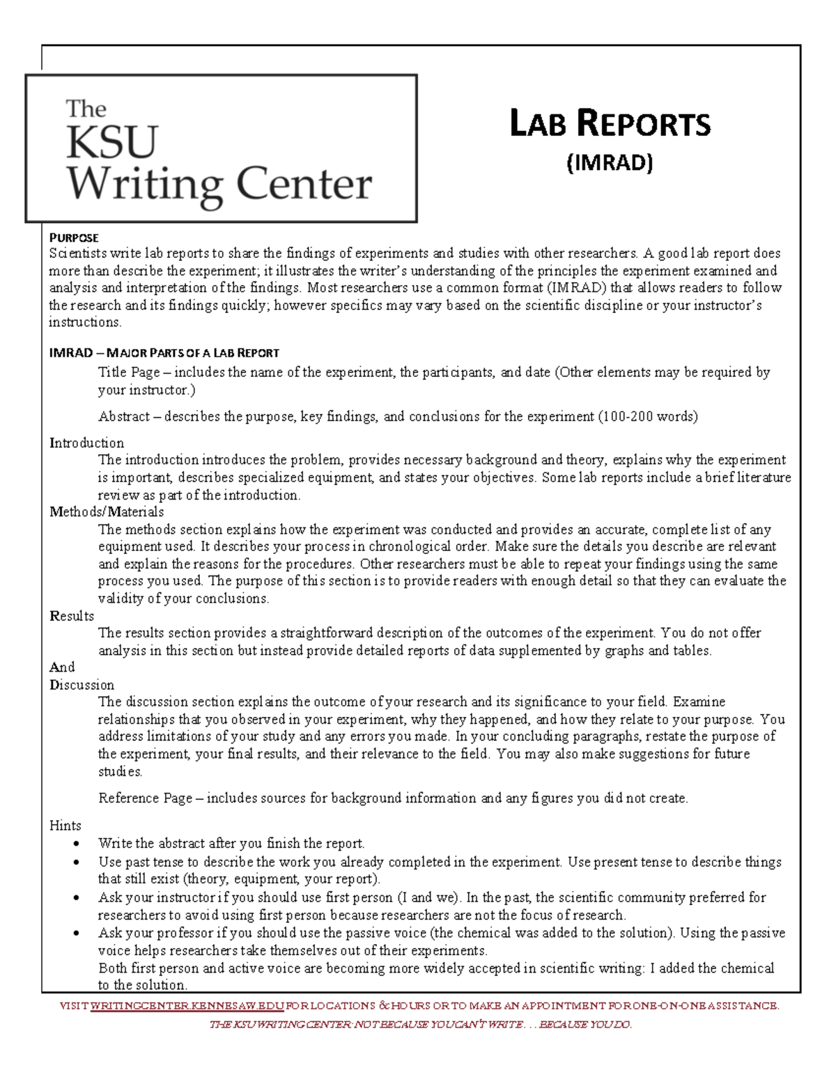 Writing a Lab Report accessible - L AB R EPORTS (IMRAD) PURPOSE ...