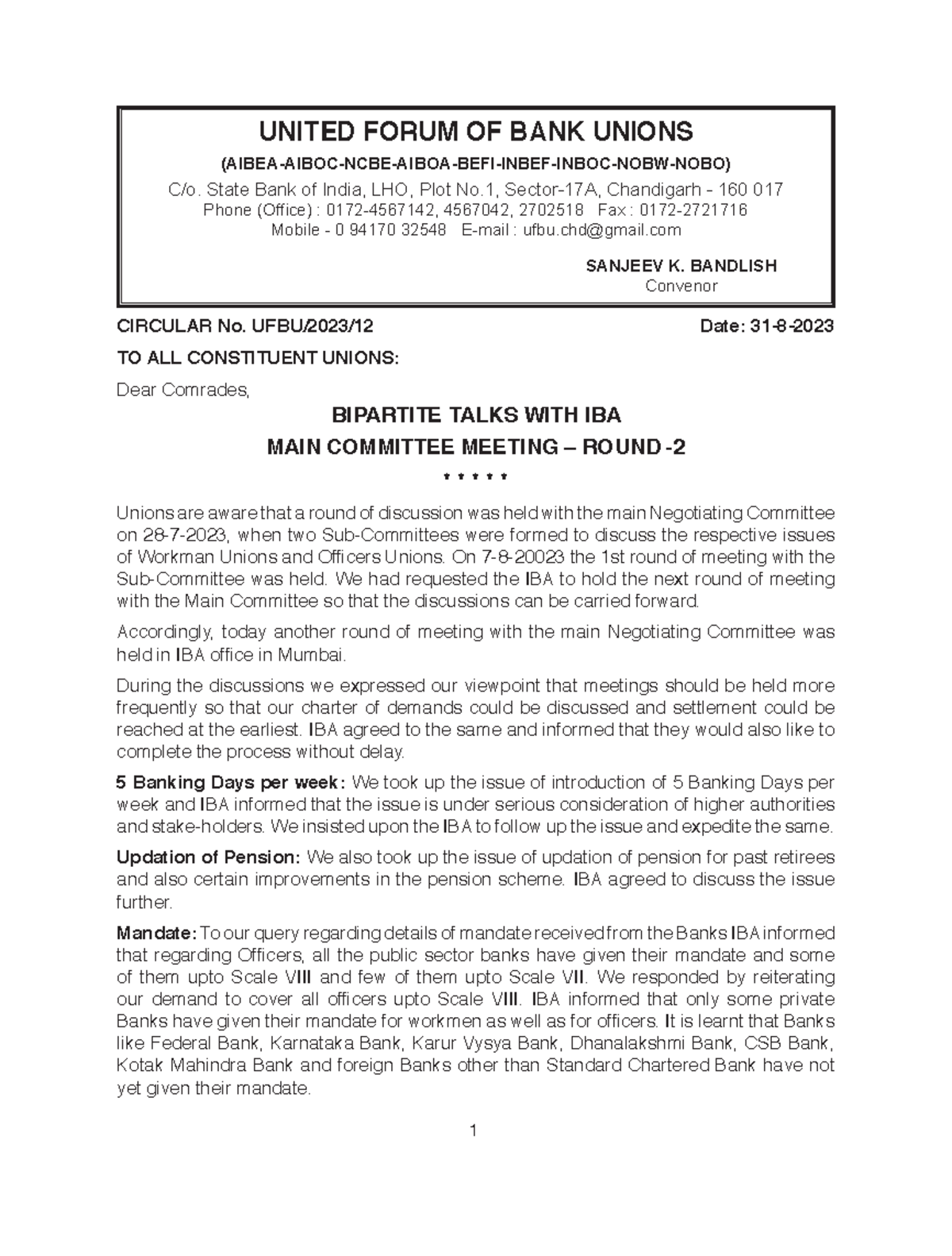 UFBU Cir 12 - Union circular - 1 CIRCULAR No. UFBU/2023/12 Date: 31-8 ...