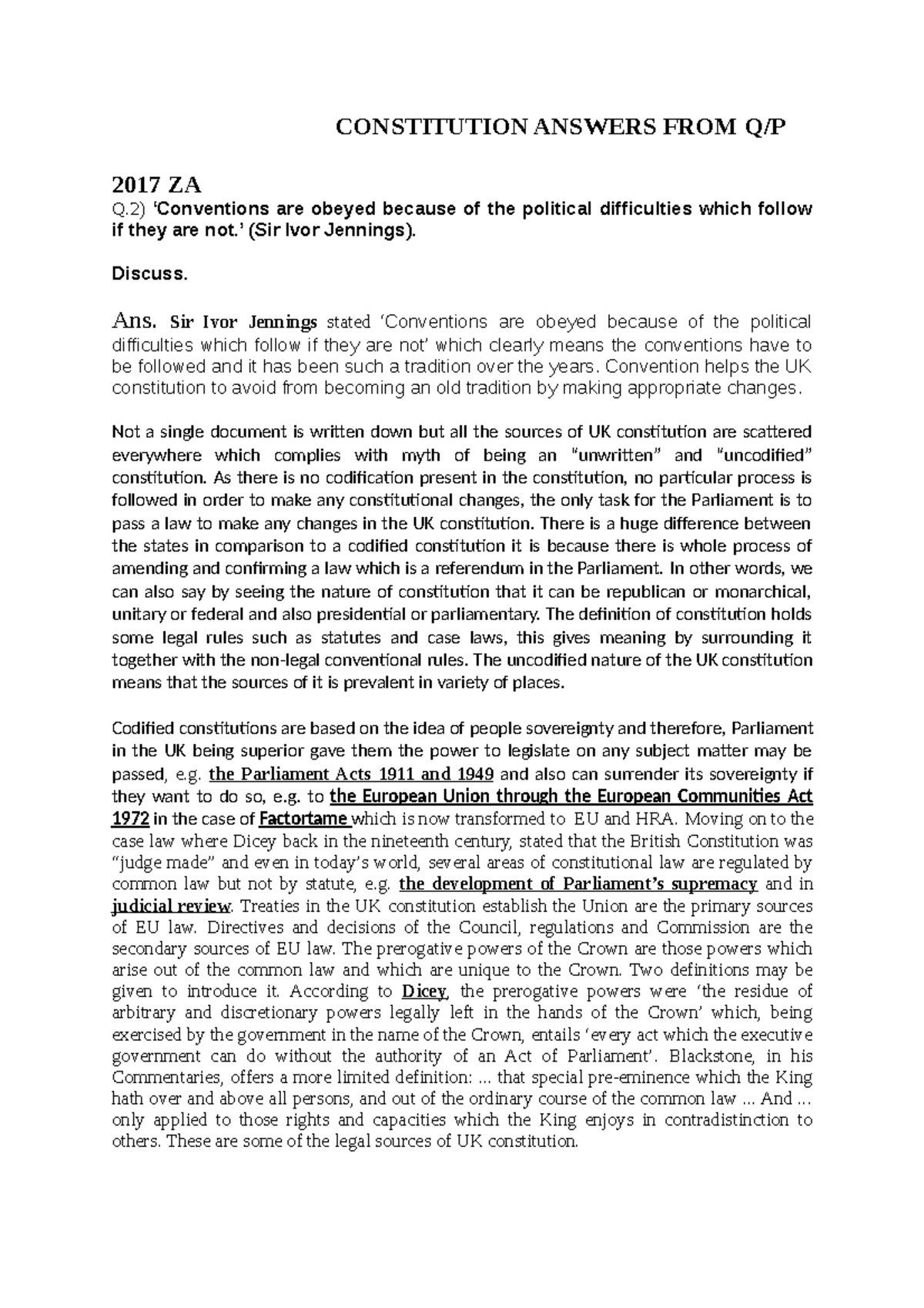 Constitution sample answers - CONSTITUTION ANSWERS FROM Q/P 2017 ZA Q) ‘Conventions are obeyed ...