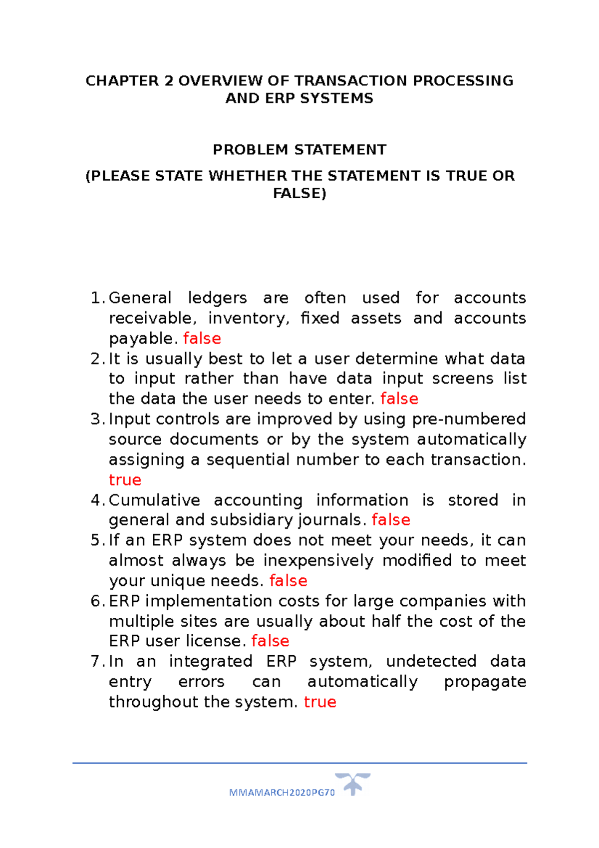 Chapter 2 Overview OF Transaction Processing AND ERP Systems answer ...